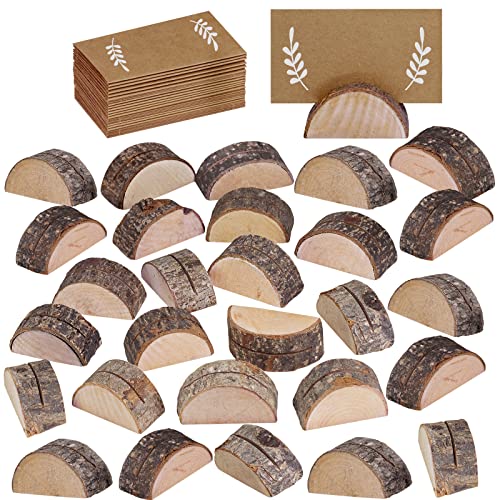 30 Pcs Rustic Wood Wedding Place Card Holders with 32 Pcs Kraft Tented Cards Half-Round Table Numbers Holder Stand Wooden Memo Holder Card Photo Picture Note Clip Holders Escort Card Holder