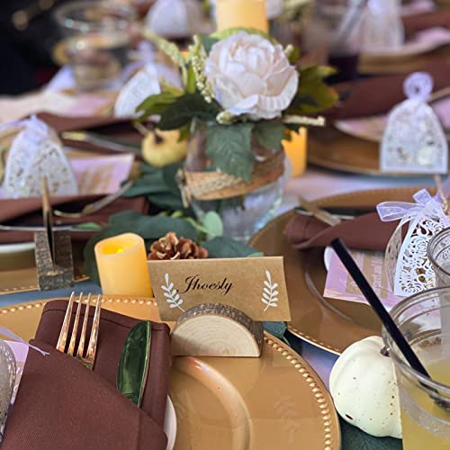 30 Pcs Rustic Wood Wedding Place Card Holders with 32 Pcs Kraft Tented Cards Half-Round Table Numbers Holder Stand Wooden Memo Holder Card Photo Picture Note Clip Holders Escort Card Holder