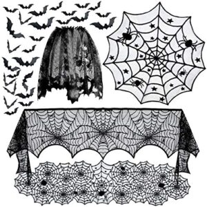 5pack halloween decorations tablecloth runner black lace round spider cobweb table cover fireplace mantel scarf spiderweb fireplace scarf spider lampshade with 36pcs scary 3d bat for halloween party