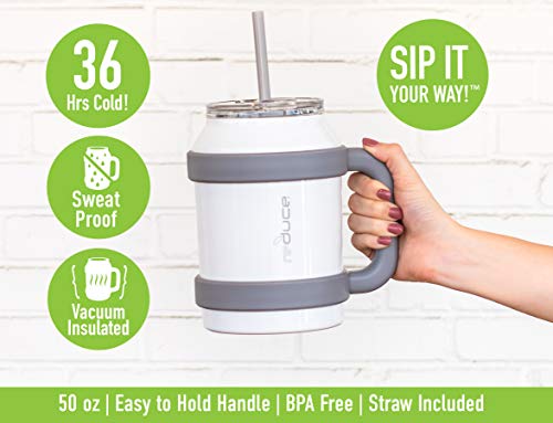 Reduce 50 oz Mug Tumbler with Handle and Straw - Stainless Steel with Sip-It-Your-Way Lid - Keeps Water Cold up to 36 Hours - Sweat Proof, Dishwasher Safe, BPA Free - White, Opaque Gloss