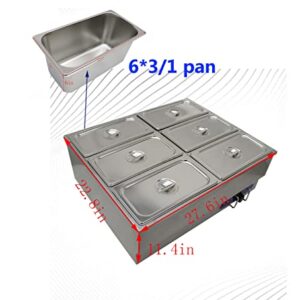 INTBUYING 110V 1500W 1/3 GN 6 Pan Electric Commercial Food Soup Warmer Steam Table Steamer 12x5.5x6inch Pan Double Row for Catering and Restaurants