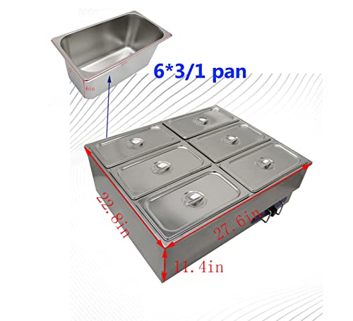 INTBUYING 110V 1500W 1/3 GN 6 Pan Electric Commercial Food Soup Warmer Steam Table Steamer 12x5.5x6inch Pan Double Row for Catering and Restaurants