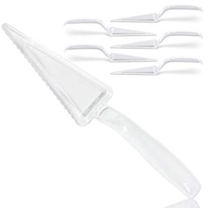 [6 pack] 10 inch plastic pie server - clear disposable cake servers and cutter utensil, heavy duty spatula for serving platter, cutting dessert, pizza pastry slicer, kitchen knife and wedding flatware