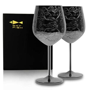 sky fish stainless steel wine glasses with black plated,etched with intricate and authentic baroque engravings,royal style wine goblets,set of 2(17oz)