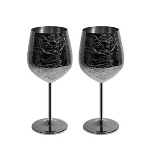 Sky Fish Stainless Steel Wine Glasses with Black Plated,Etched with Intricate and Authentic Baroque Engravings,Royal Style Wine goblets,Set of 2(17oz)