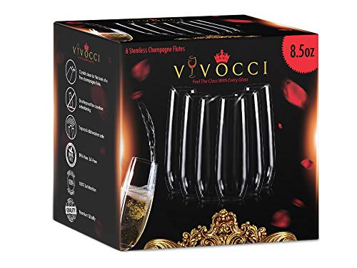 Vivocci Unbreakable Heavy Duty Reusable Plastic Stemless Champagne Flutes 8.5oz Ideal for Cocktails & Sparkling Wine Perfect for Wedding Parties | Tritan Glassware | Dishwasher Safe Glasses | Set of 6