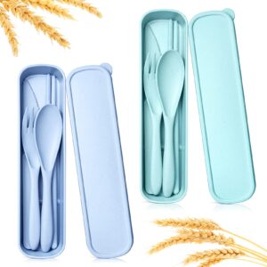 teivio reusable portable travel utensils silverware knives forks & spoons set of 2 for camping travel bpa free wheat straw plastic, multi-color with storage case, service for 2