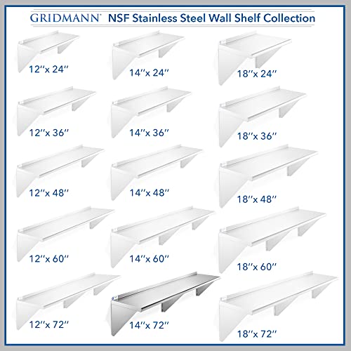 GRIDMANN NSF Stainless Steel 14" x 72" Kitchen Wall Mount Shelf Commercial Restaurant Bar w/ Backsplash