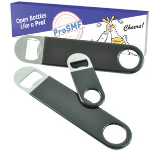 prosmf flat bottle opener - bottle opener for bartender - beer bottle opener - stainless steel - heavy duty - vinyl rubber coated handle - black - 3 pack - 2 large & 1 mini