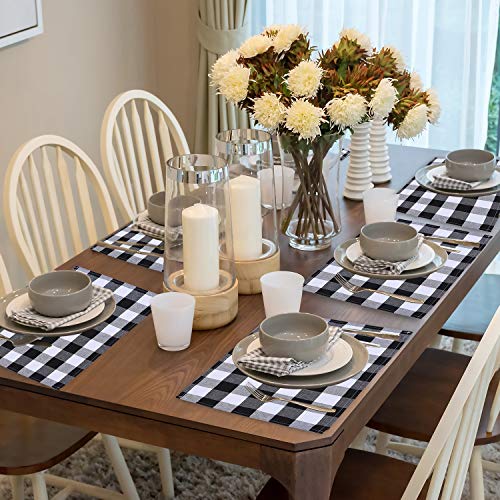 Aneco 6 Pack Buffalo Plaid Placemats Place Mats 13 x 19 Inches Checkered Double Layer Placemats Decorative Kitchen Cotton Table Placemats, Black and White