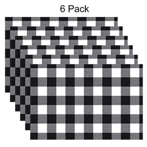 Aneco 6 Pack Buffalo Plaid Placemats Place Mats 13 x 19 Inches Checkered Double Layer Placemats Decorative Kitchen Cotton Table Placemats, Black and White