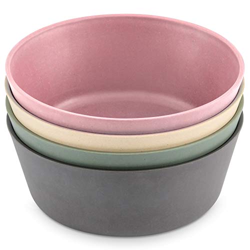 WeeSprout Bamboo Kids Bowls, Set of Four 10 oz Kid-Sized Bamboo Bowls, Dishwasher Safe Kid Bowls (Pink, Green, Gray, & Beige)