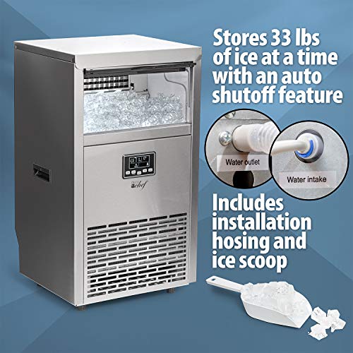 Deco Chef Commercial Ice Maker 99lb Every 24 Hours 33lb Storage Capacity Stainless Steel Great for Hotels, Restaurants, Bars, Homes, Offices Includes Connection Hoses and Ice Scoop