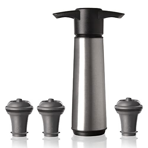 Vacu Vin Wine Saver Pump Stainless Steel with Vacuum Wine Stopper - Keep Your Wine Fresh for up to 10 Days - 1 Pump 3 Stoppers - Reusable - Made in the Netherlands