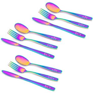 9 piece stainless steel rainbow kids cutlery, child and toddler safe flatware, kids silverware, kids utensil set includes 3 knives, 3 forks, 3 spoons, total of 3 settings, ideal for home and preschool