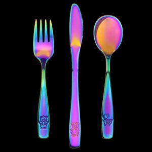 9 Piece Stainless Steel Rainbow Kids Cutlery, Child and Toddler Safe Flatware, Kids Silverware, Kids Utensil Set Includes 3 Knives, 3 Forks, 3 Spoons, Total of 3 Settings, Ideal for Home and Preschool