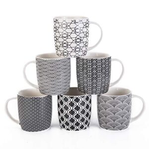 machuma set of 6 11.5 oz coffee mugs with black and white geometric patterns, ceramic tea cup set