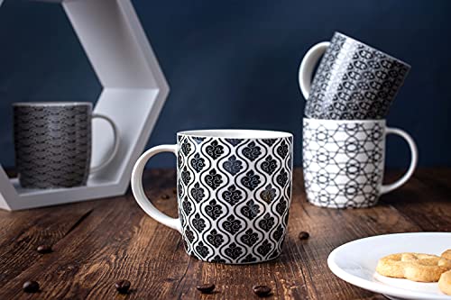 MACHUMA Set of 6 11.5 oz Coffee Mugs with Black and White Geometric Patterns, Ceramic Tea Cup Set