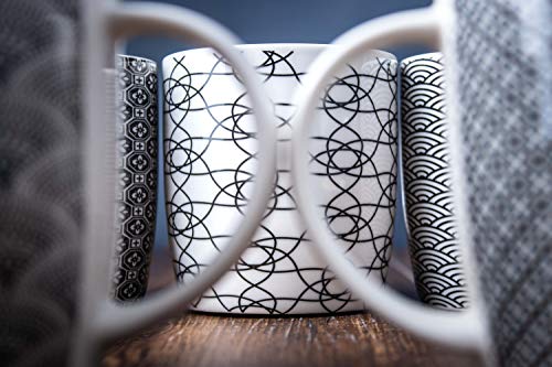 MACHUMA Set of 6 11.5 oz Coffee Mugs with Black and White Geometric Patterns, Ceramic Tea Cup Set