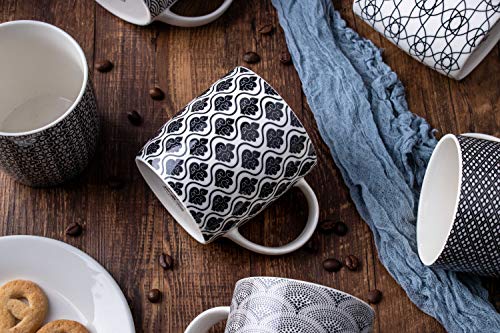 MACHUMA Set of 6 11.5 oz Coffee Mugs with Black and White Geometric Patterns, Ceramic Tea Cup Set