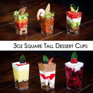 DLux 100 x 3 oz Mini Dessert Cups with Spoons and Lids, Square Tall - Clear Plastic Parfait Appetizer Cup - Small Reusable Serving Bowl for Party Desserts Appetizers - With Recipe Ebook