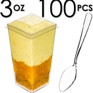 DLux 100 x 3 oz Mini Dessert Cups with Spoons and Lids, Square Tall - Clear Plastic Parfait Appetizer Cup - Small Reusable Serving Bowl for Party Desserts Appetizers - With Recipe Ebook