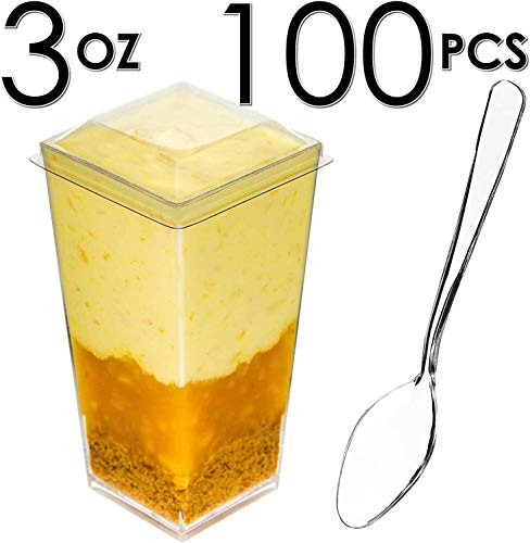 DLux 100 x 3 oz Mini Dessert Cups with Spoons and Lids, Square Tall - Clear Plastic Parfait Appetizer Cup - Small Reusable Serving Bowl for Party Desserts Appetizers - With Recipe Ebook