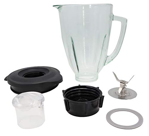 Blendin Complete 6-Piece 48 Ounce Replacement Round Glass Jar Cup Assembly Set With a Jar Base Cap, Blade, Gasket, Round Lid, Center Fill - Compatible with Standard Oster & Osterizer Blenders