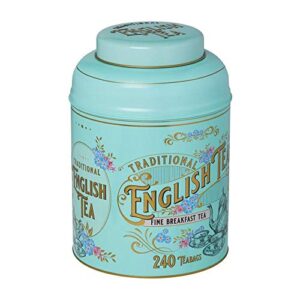 new english teas vintage victorian tea tin with 240 english breakfast teabags for tea lovers, forget me not florals & classic tea set design