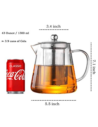 Glass Teapot with Infuser Tea Pot 32oz/43oz Tea Kettle Stovetop Safe Blooming and Loose Leaf Tea Maker Set (43oz/ 1300ml)