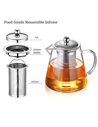 Glass Teapot with Infuser Tea Pot 32oz/43oz Tea Kettle Stovetop Safe Blooming and Loose Leaf Tea Maker Set (43oz/ 1300ml)