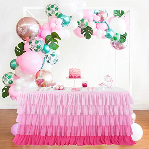 Besutolife Pink Table Skirt Tutu Ruffled Tablecloth for Rectangle Table 6ft Baby Shower Birthday Party Unicorn Home Gradient Pink Table Decor