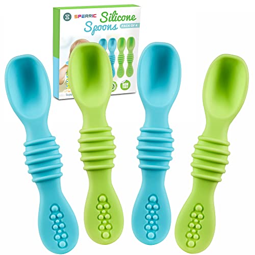 Silicone Baby Spoons for Baby Led Weaning 4-Pack, First Stage Baby Feeding Spoon Set Gum Friendly BPA Lead Phthalate and Plastic Free, Great Gift Set (Blue)