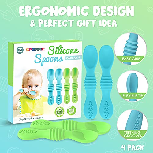 Silicone Baby Spoons for Baby Led Weaning 4-Pack, First Stage Baby Feeding Spoon Set Gum Friendly BPA Lead Phthalate and Plastic Free, Great Gift Set (Blue)