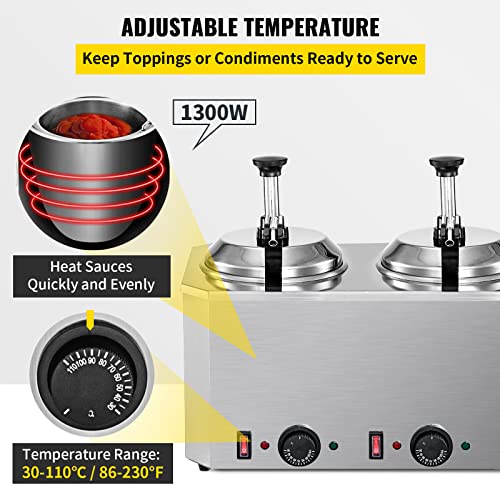 VBENLEM Cheese Warmer with Pump, 5.28 Qt Capacity Cheese Dispenser Hot Fudge Warmer, Dual Head Spout Heater 1300 W Cheese Warmer Dispenser, 30-110℃ Temp Adjustable 110 V Heated Pump Dispenser