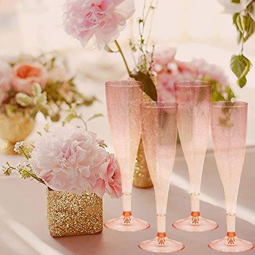 Homy Feel Rose Gold Glitter Plastic Rose Gold Wine Glasses 30 Pack,6.5 OZ Champagne Flutes Disposable for Valentine's Day,Plastic Champagne Flutes,Mimosa Bar Glasses,Valentine's day Supplies