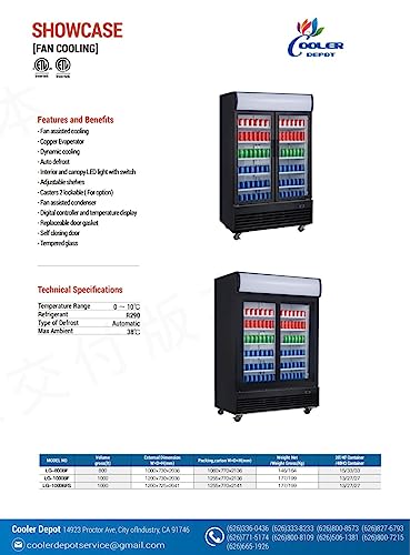 Commercial Refrigerator Glass 2-Door Merchandiser Display Cooler Case Fridge NSF, Bottom-Mounted, 48 inches width, capacity 36 cuft 110V, 8 Shelves, Restaurant Kitchen LGD-1000