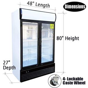 Commercial Refrigerator Glass 2-Door Merchandiser Display Cooler Case Fridge NSF, Bottom-Mounted, 48 inches width, capacity 36 cuft 110V, 8 Shelves, Restaurant Kitchen LGD-1000