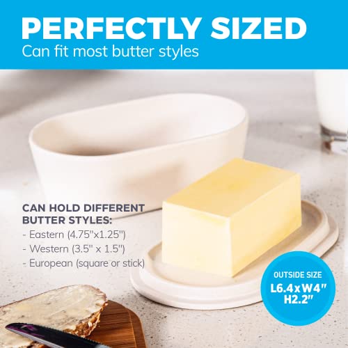 White Cream Butter Dish with Lid For Countertop - Modern Bamboo Butter Crock - Dishwasher Safe Butter Keeper Tray - Perfect Size Butter Holder Container For Large European Style Butter like Kerrygold