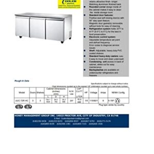 cooler depot Commercial Under Counter Refrigerator 3 doors 72 Inches Width 15.5 Cu. Ft. 3 Shelves Stainless Steel 33°F~41°F 115V/60HZ -KTR-72B