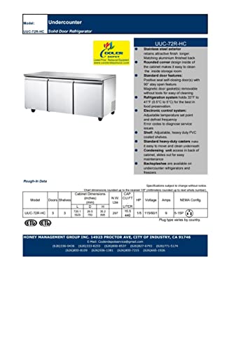 cooler depot Commercial Under Counter Refrigerator 3 doors 72 Inches Width 15.5 Cu. Ft. 3 Shelves Stainless Steel 33°F~41°F 115V/60HZ -KTR-72B