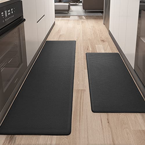 Color G Set 2 Piece Runner Floor Mat, Cushioned Anti Fatigue Mat Non Skid Waterproof Comfort Standing Kitchen Rug, 17"x29"+17"x59", Black