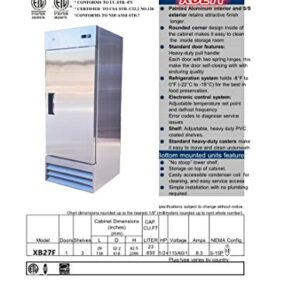 Commercial Freezer 1-Door Solid Upright Reach in Stainless Steel NSF 29" Width, Capacity 23 Cuft, Bottom Mounted Restaurant Quality Kitchen Cold -8°F