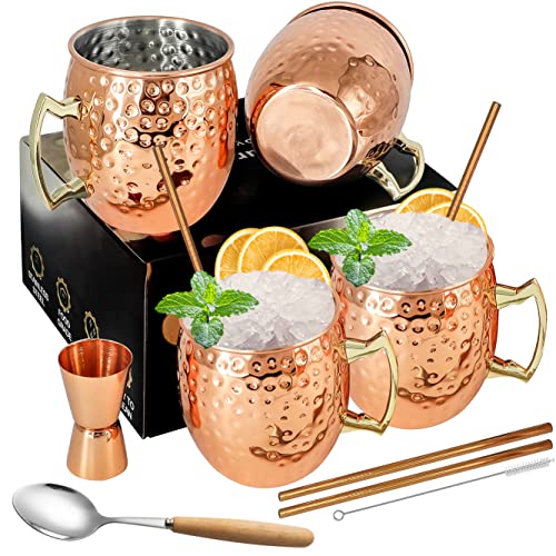 Moscow Mule Mugs Copper Mule Cup Kit 18oz Set of 4 with Handle Large Copper Hammered Plating Cups with 0.5oz Double Jigger, Stainless Steel Straws, Spoon for Cold Drinks Cocktails Wine