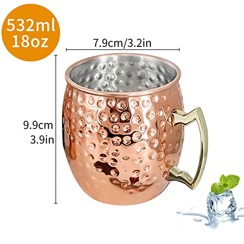 Moscow Mule Mugs Copper Mule Cup Kit 18oz Set of 4 with Handle Large Copper Hammered Plating Cups with 0.5oz Double Jigger, Stainless Steel Straws, Spoon for Cold Drinks Cocktails Wine