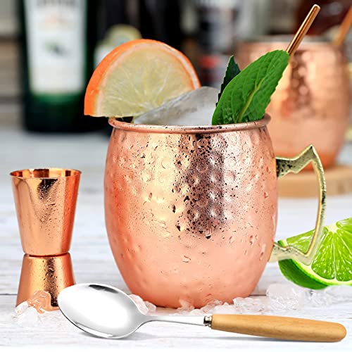 Moscow Mule Mugs Copper Mule Cup Kit 18oz Set of 4 with Handle Large Copper Hammered Plating Cups with 0.5oz Double Jigger, Stainless Steel Straws, Spoon for Cold Drinks Cocktails Wine