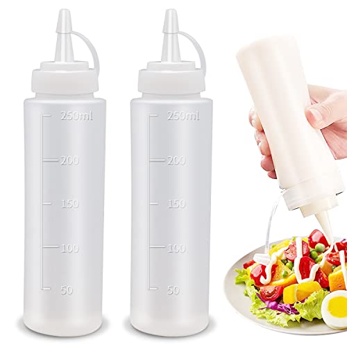 Condiment Squeeze Bottles, Abnaok 2-Pack 8 oz Food Grade Plastic Squeeze Condiment Bottles with Twist On Cap Lids for Sauces, Paint,Oil, Condiments,Salad Dressings, Arts and Crafts