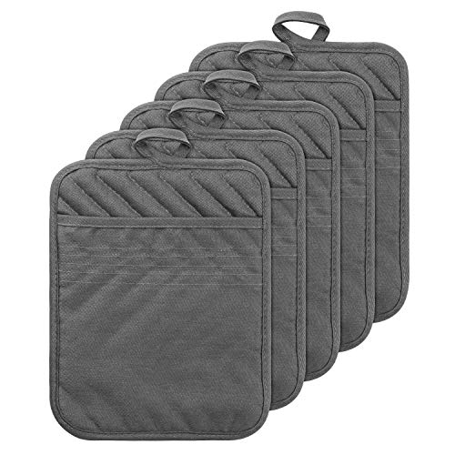 GROBRO7 5Pack Pocket Pot Holders Cotton Heat Resistant Potholder Multipurpose Hot Pads Machine Washable Oven Mitts Potholders Bulk for Daily Kitchen Baking and Cooking 8.9 x 6.9 Inch Grey