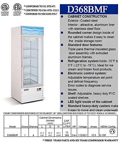 Commercial Freezer Glass 1 door Single Door Coated Steel Frame&Exterior, Aluminium Interior Upright Reach-in 28"W, Capacity 13cu.ft NSF Display Merchandiser-10°F~ 0°F D368-BM-F