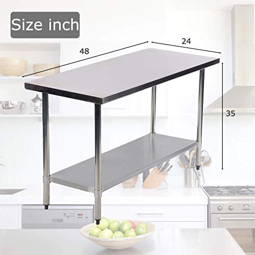 Kitchen Stainless Steel Catering Table, 24" X 48" Heavy Duty NSF Commercial Food Prep Table，Double Layer Metal Scratch Resistant Worktable with Adjustable Shelf for Garage Restaurant Kitchen, Silver